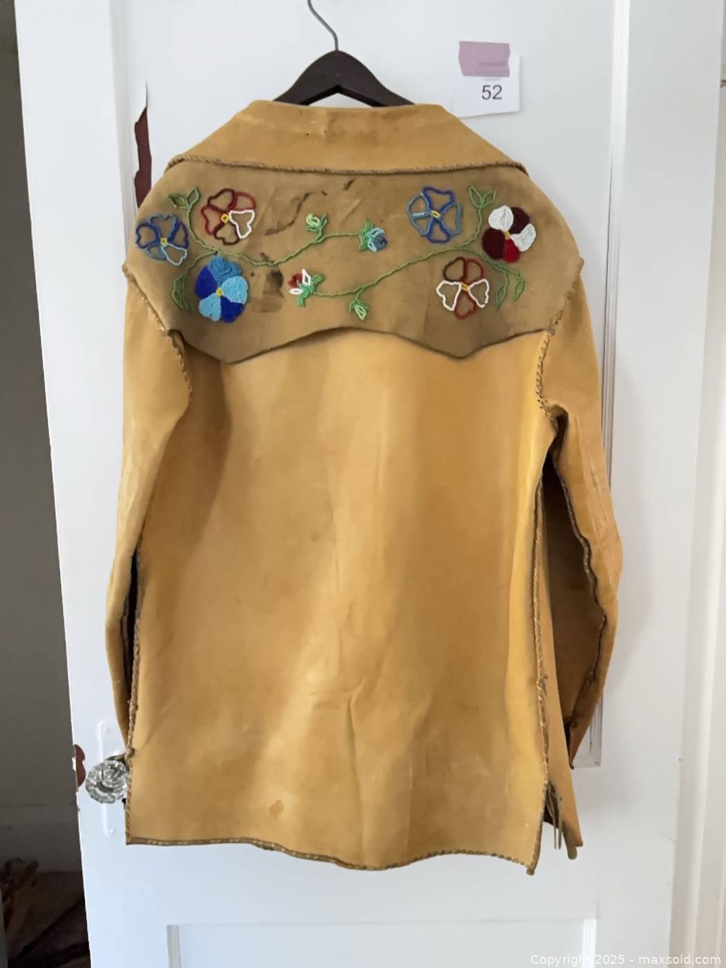 Men’s tan suede leather jacket with embroidered yoke | Maxsold