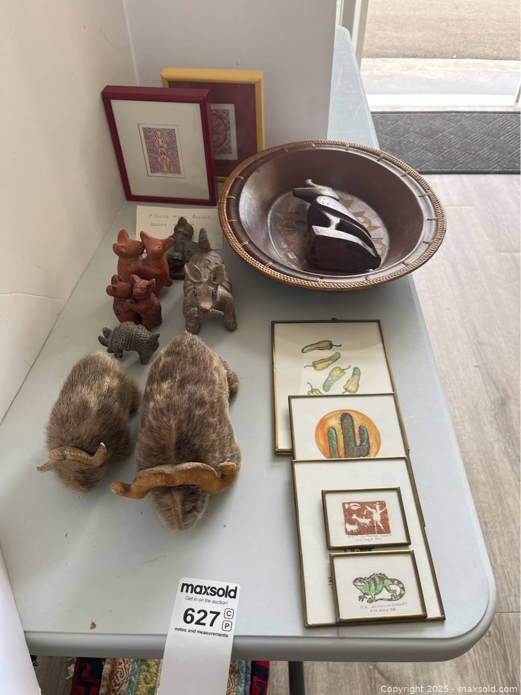 Aztec terracotta animal figurines, fur musk ox, framed aboriginal art ...