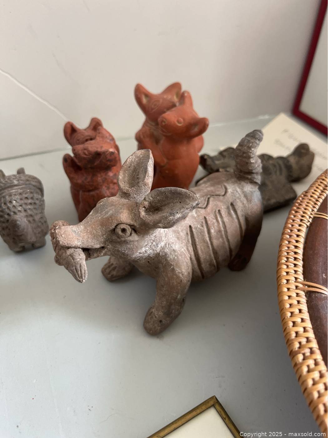 Aztec terracotta animal figurines, fur musk ox, framed aboriginal art ...