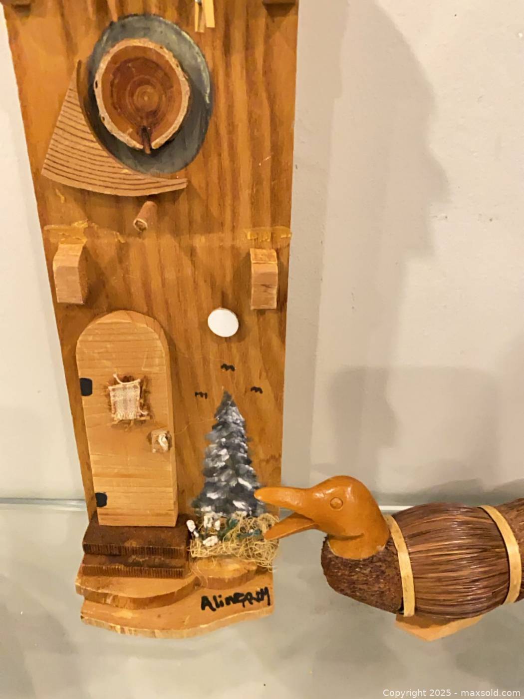 Aline Roy signed wood folk art with goose | Maxsold