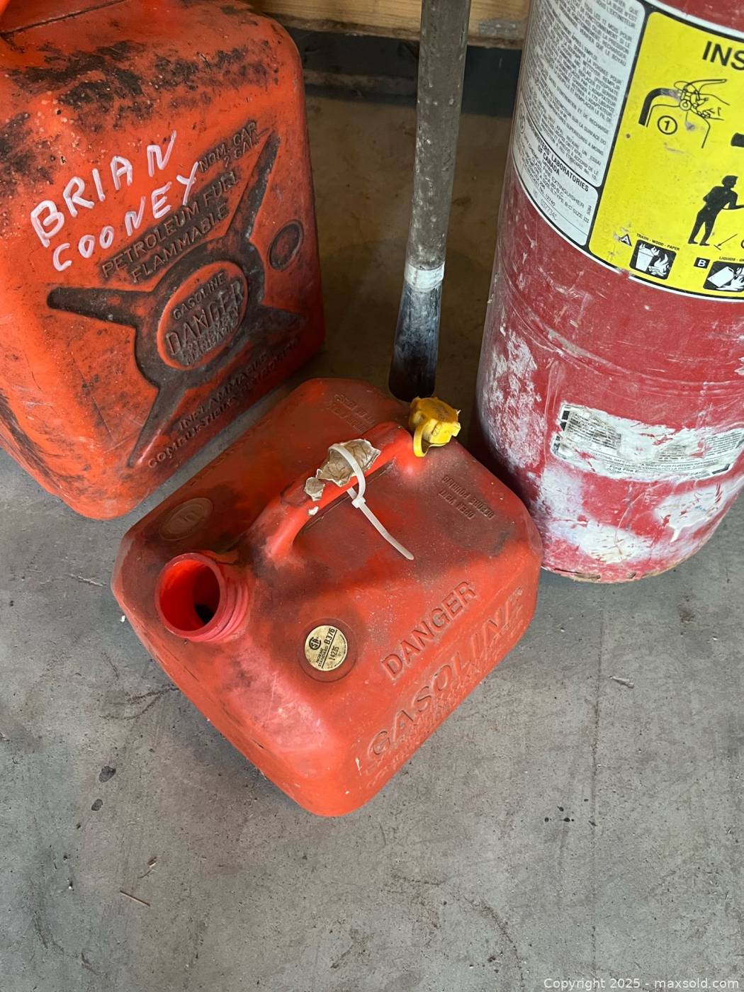 Fire extinguisher with three gas cans | Maxsold