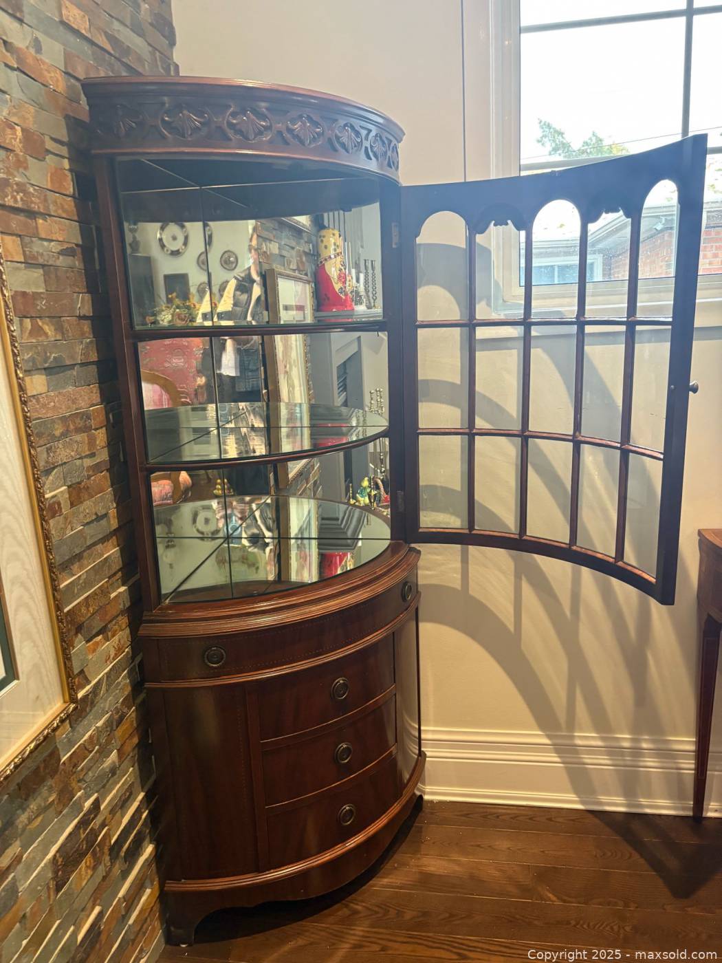 Corner curio china cabinet with drawers | Maxsold