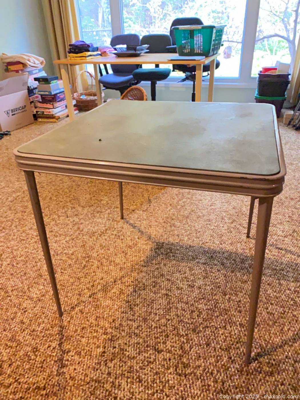 Metal folding card table, green laminate top | Maxsold