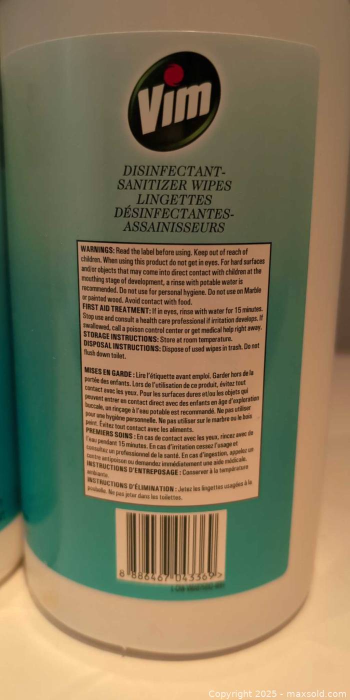 Vim disinfectant-sanitizer wipes, 75-count, 2 canisters | Maxsold