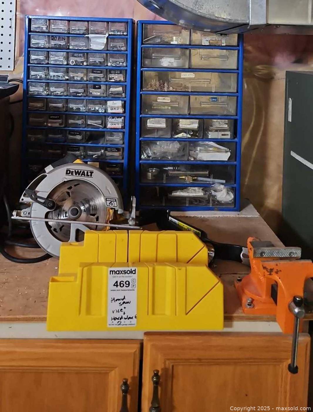 DeWalt corded circular saw, bench vise, miter box with hand saw, two ...