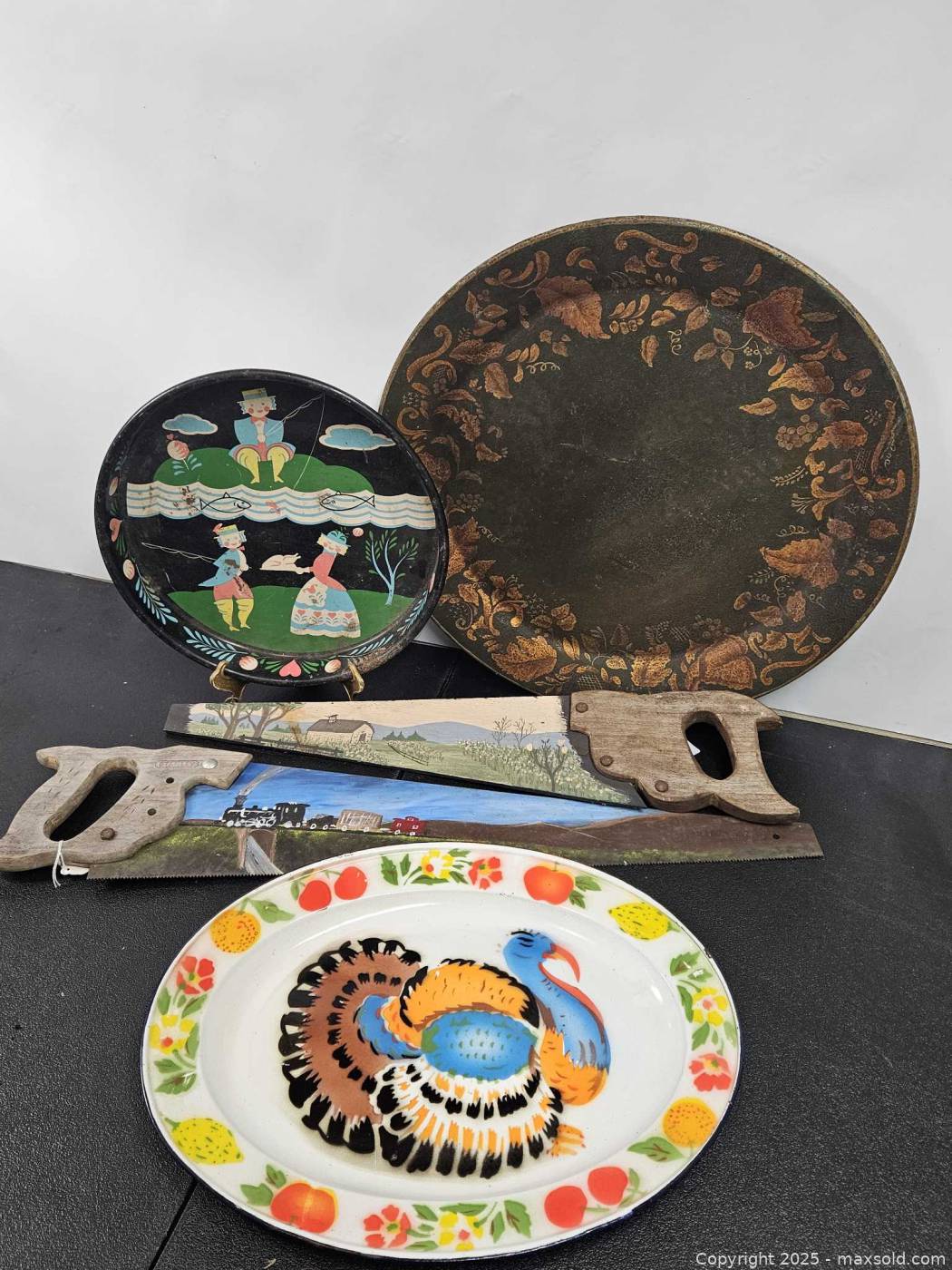 Folk art toleware trays, painted saws, turkey platter | Maxsold