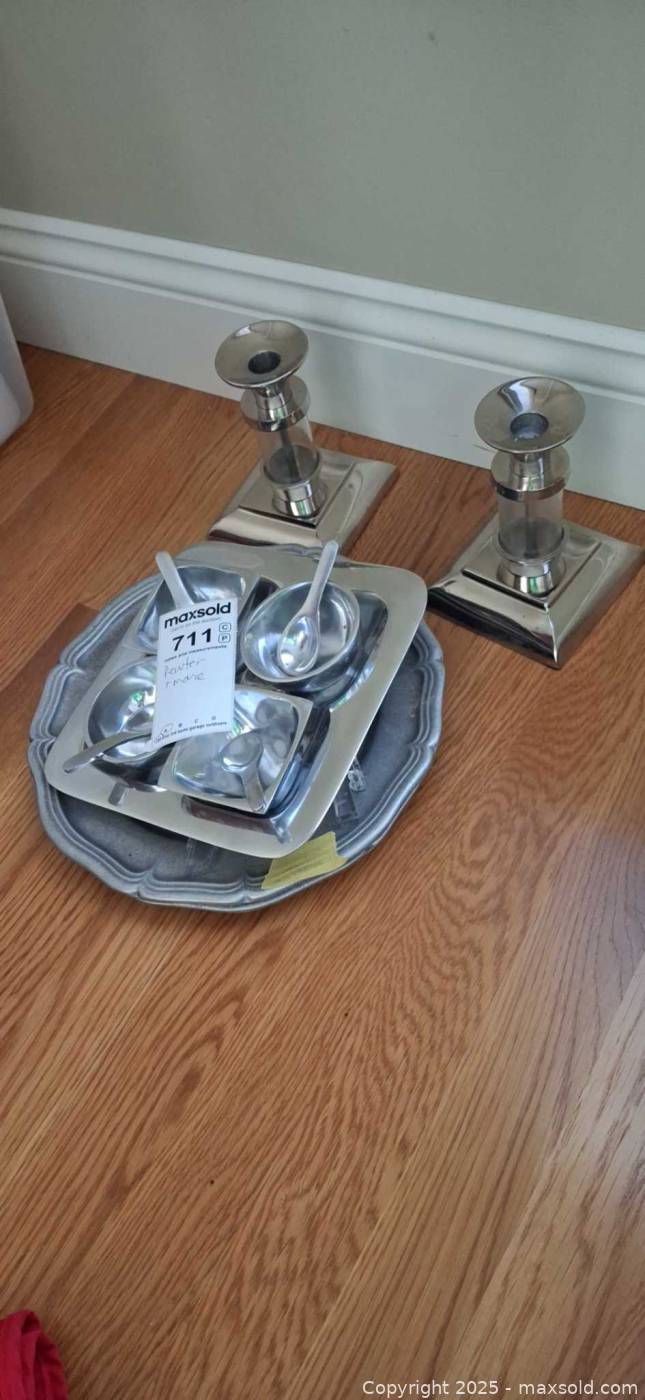 Wilton pewter plates, metal condiment set, taper candle holders | Maxsold
