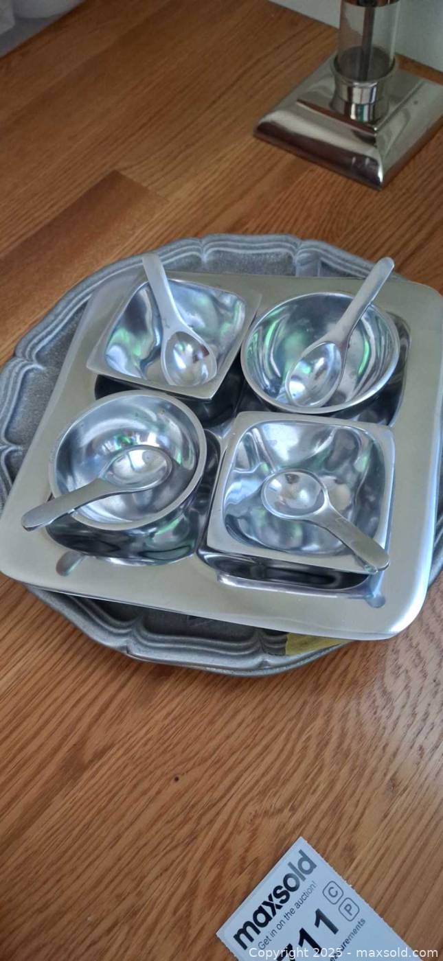 Wilton pewter plates, metal condiment set, taper candle holders | Maxsold