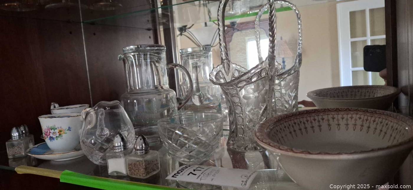 Tiffany glass pitcher, Staffordshire tea cups, serving bowl, shakers ...