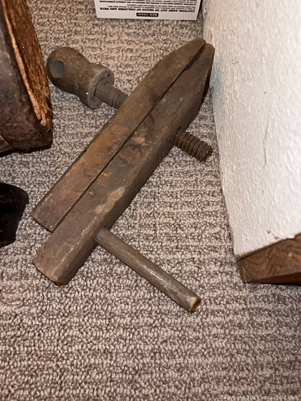 Vintage wood mallet, sad iron, wood clamp | Maxsold