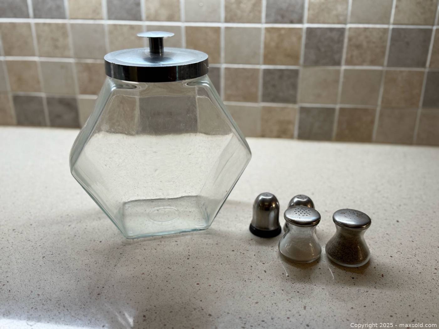 Vintage Glass Hexagon Jar And Salt & Pepper Shakers | Maxsold
