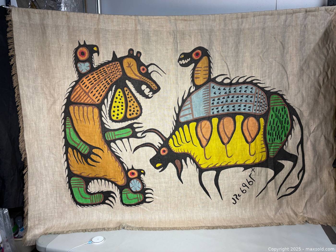 Vintage silkscreen on linen by Joshim Kakegamic | Maxsold