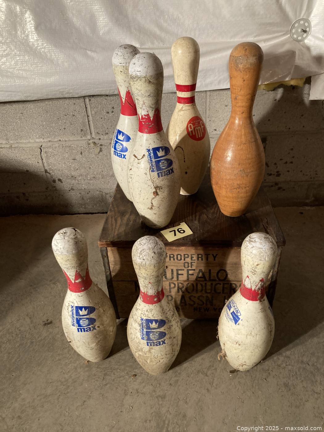 Vintage bowling pins with milk crate | Maxsold