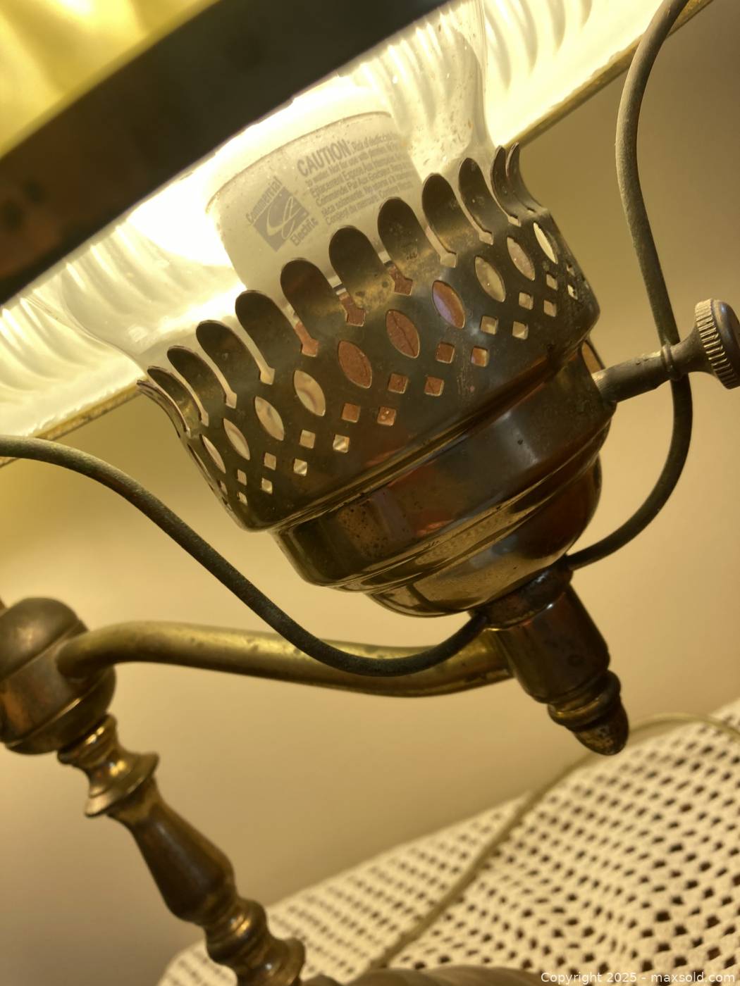 Brass double student lamp with yellow ribbed glass shades | Maxsold
