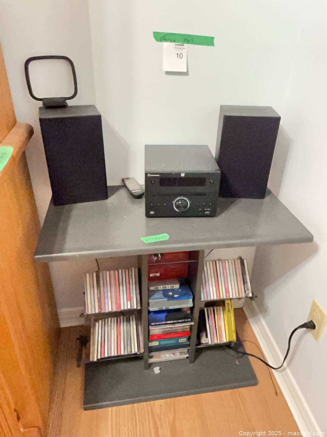 blackweb micro stereo system, speakers, CD rack and CDs | Maxsold