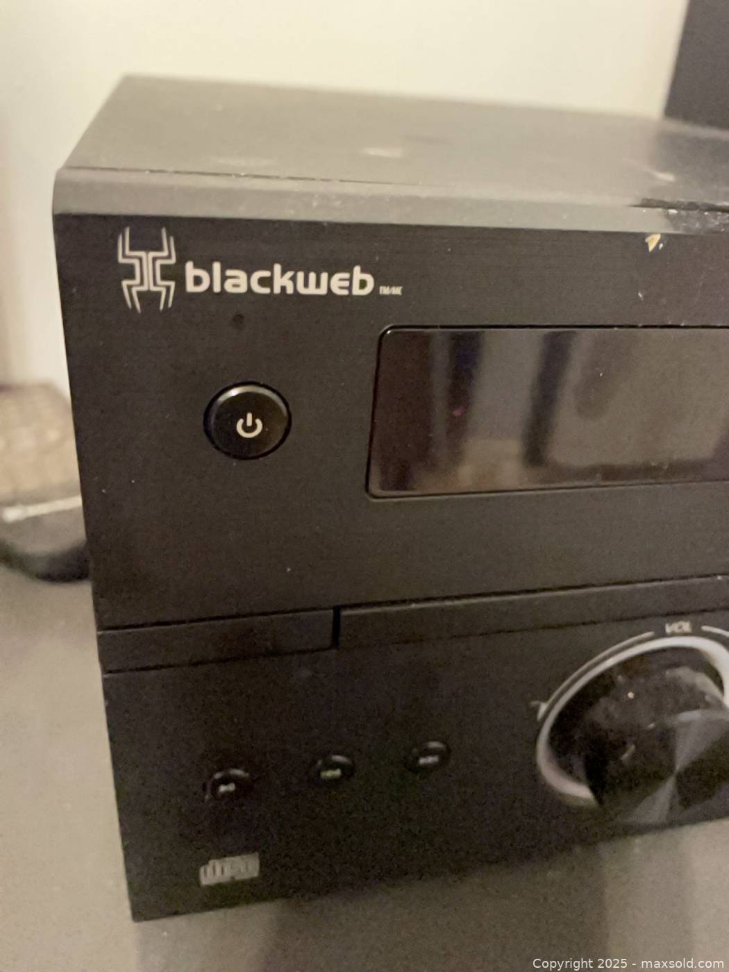 blackweb micro stereo system, speakers, CD rack and CDs | Maxsold