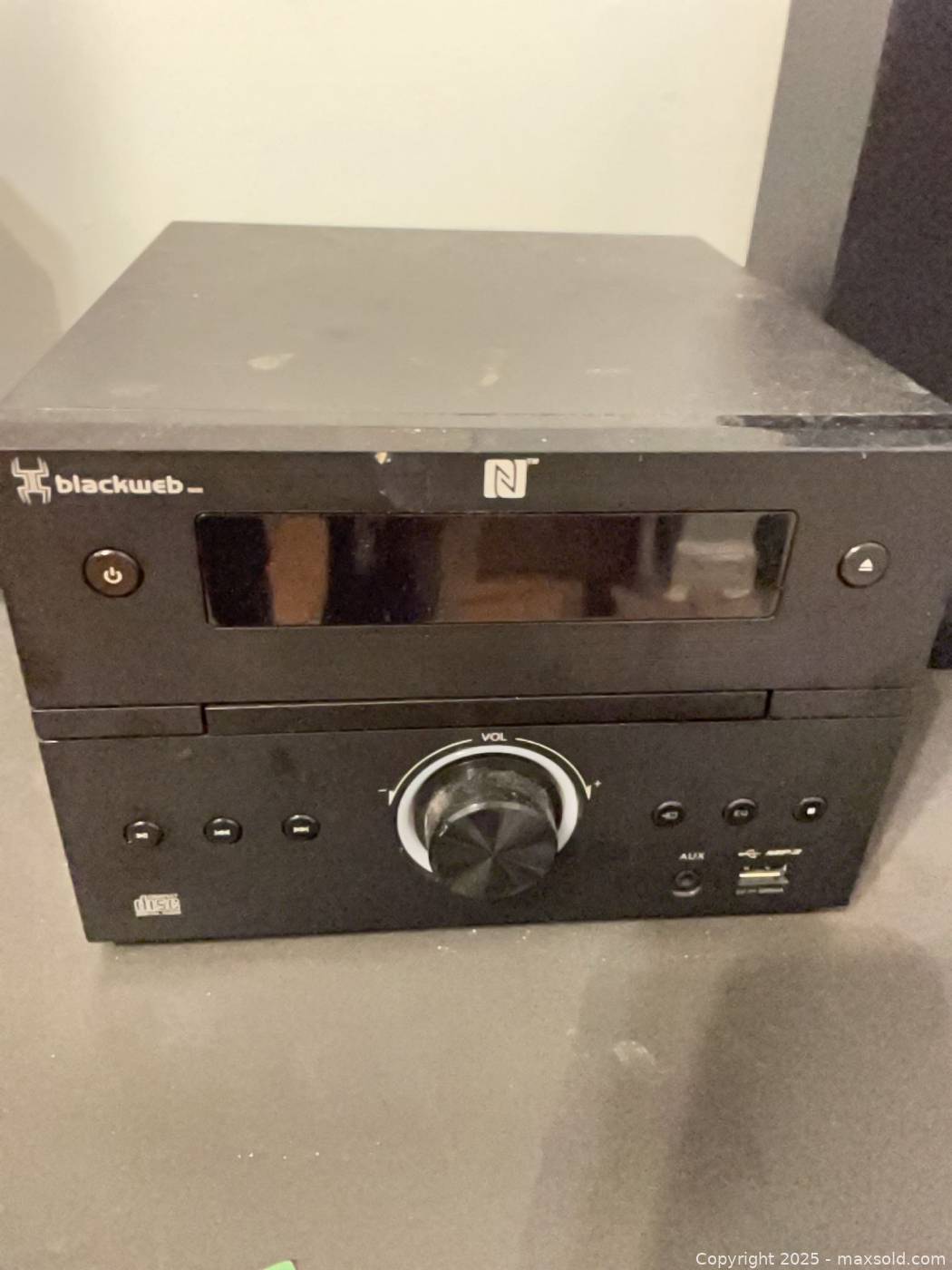 blackweb micro stereo system, speakers, CD rack and CDs | Maxsold
