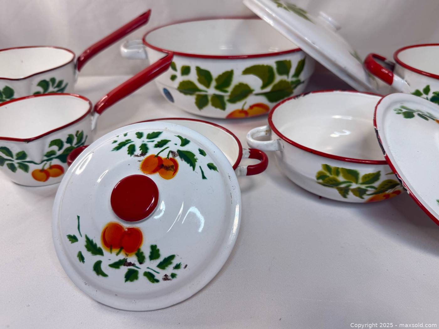 Vintage white enamel cookware set, fruit motif | Maxsold