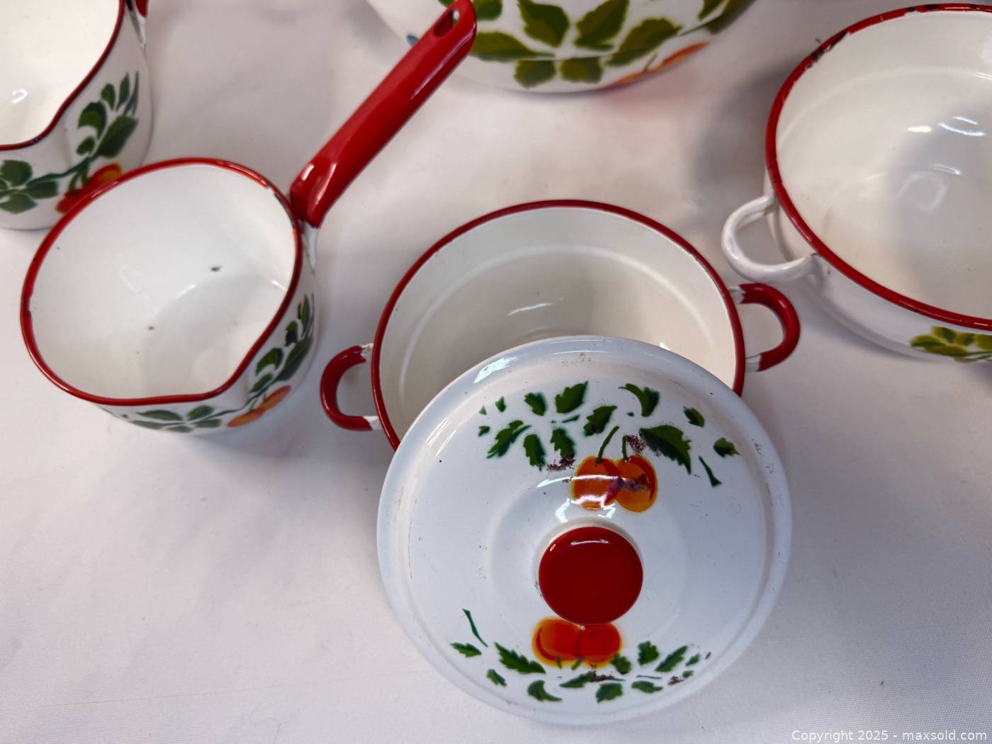Vintage white enamel cookware set, fruit motif | Maxsold