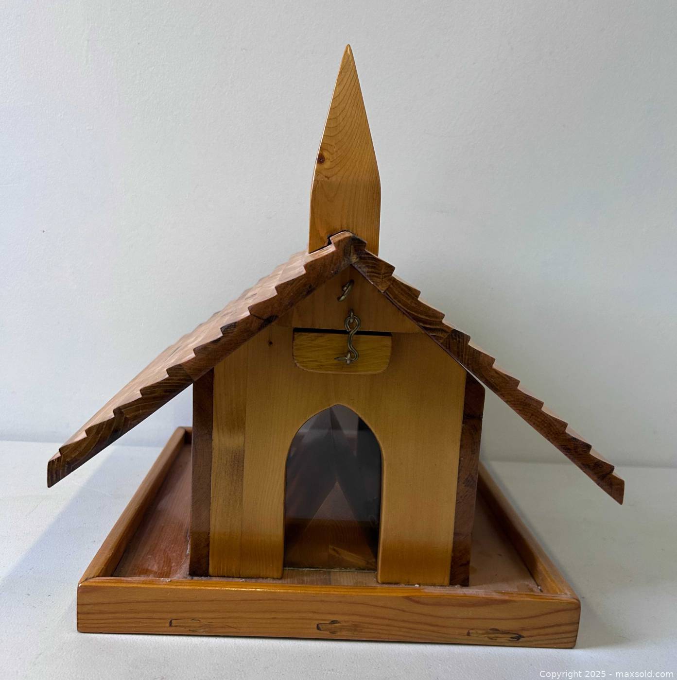 Carved Pine Church Birdhouse With Amber Glass Windows | Maxsold