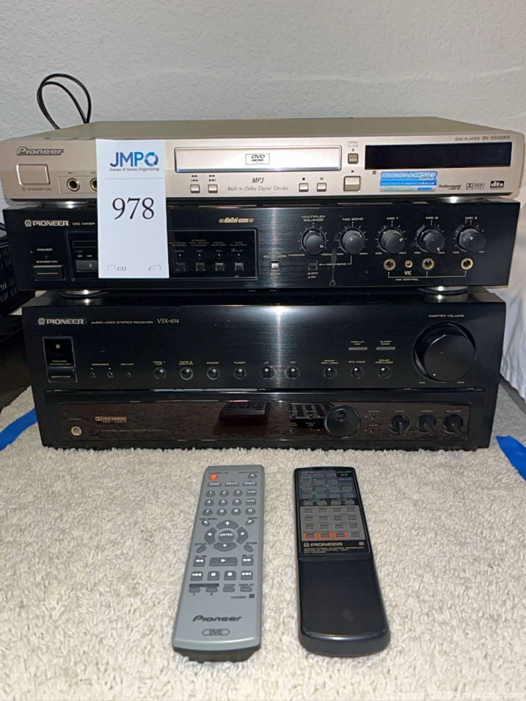 Pioneer DVD player, mic mixer, stereo receiver, remotes | Maxsold