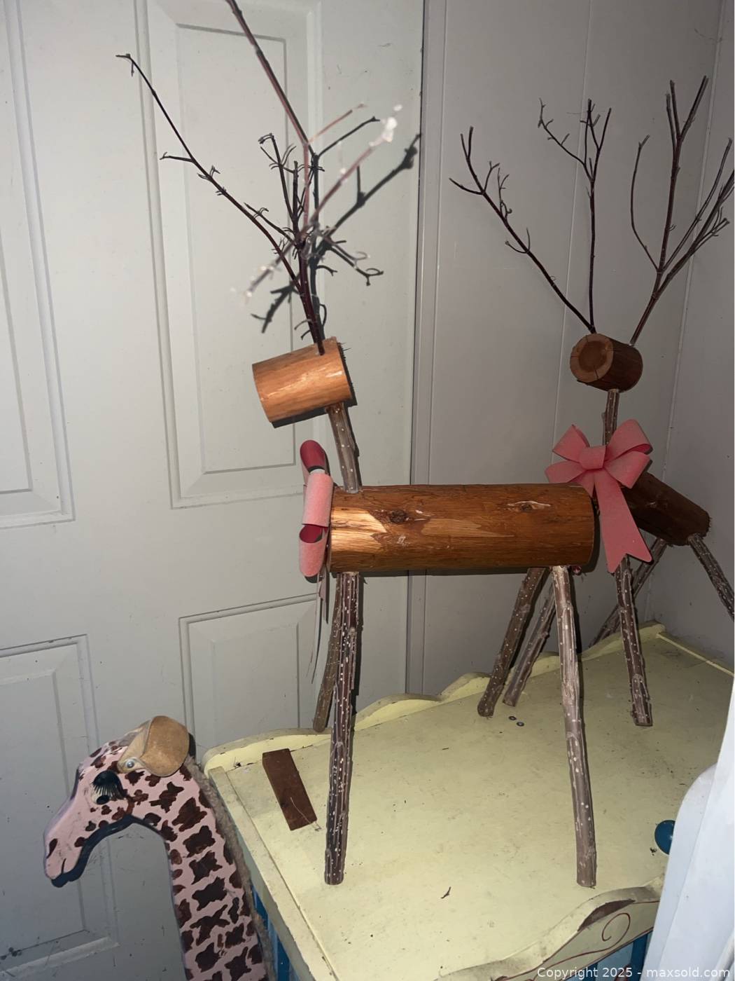 Pair Wooden Log And Branch Reindeer Décor | Maxsold