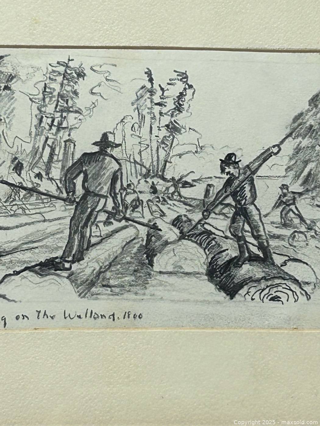 Framed Logging on the Welland 1800 pencil drawing | Maxsold