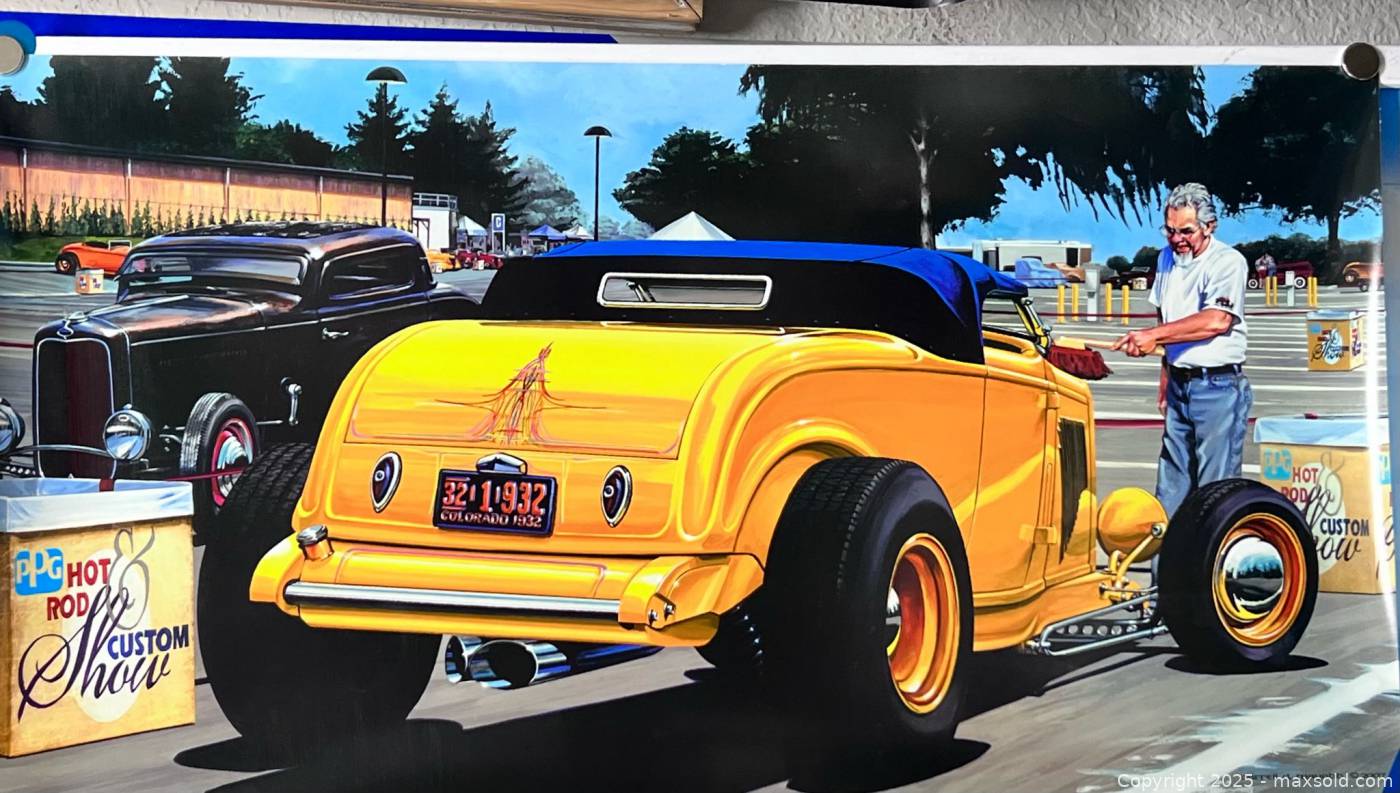 Vintage Hot Rod poster print, yellow roadster | Maxsold