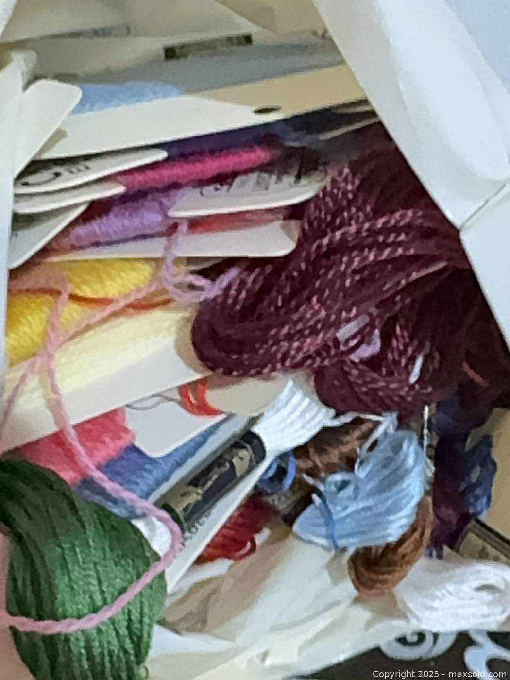 Knitting Needles, Embroidery Hoops, Floss, Two Partially Completed ...