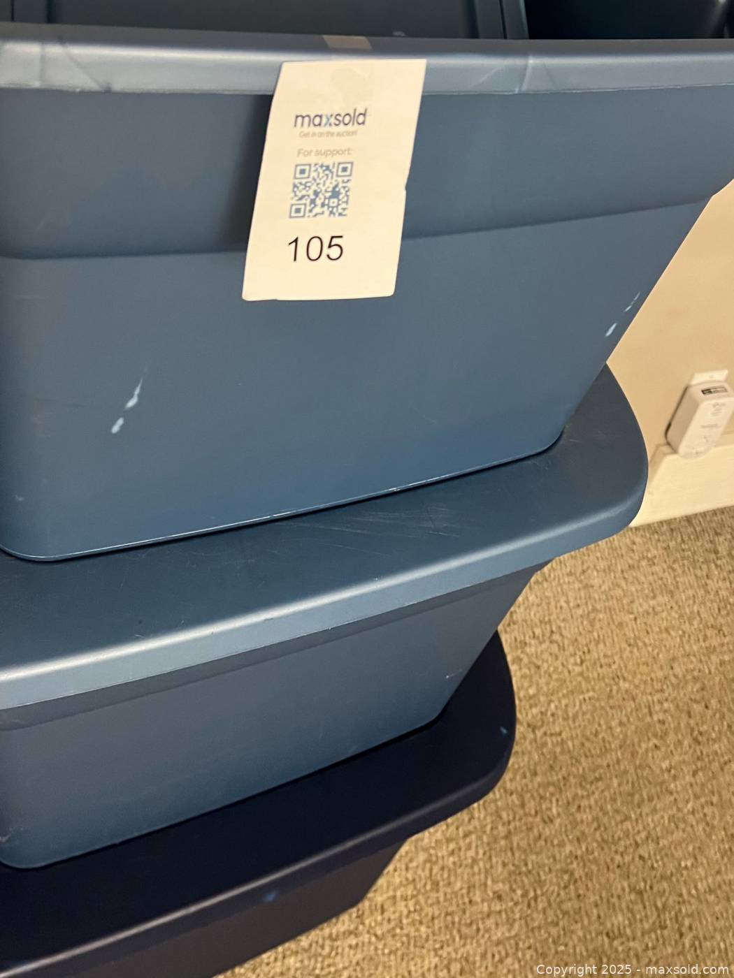 Three large blue plastic storage bins with lids | Maxsold
