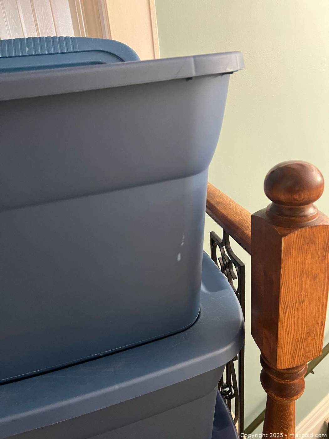 Three large blue plastic storage bins with lids | Maxsold