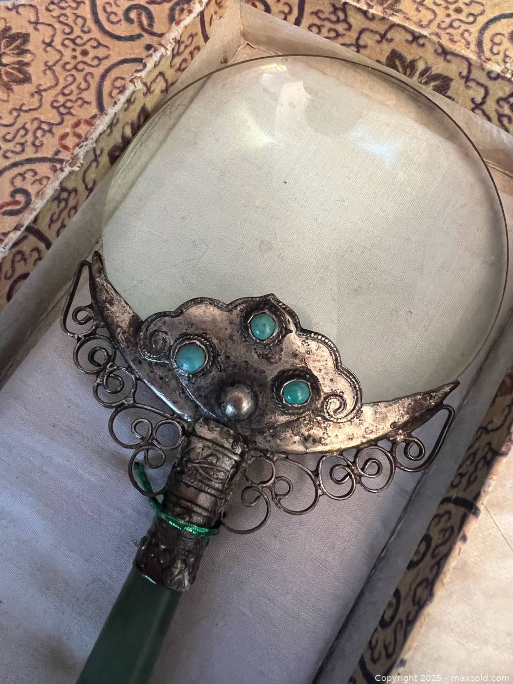 Antique jade-handled silver filigree magnifying glass with box | Maxsold