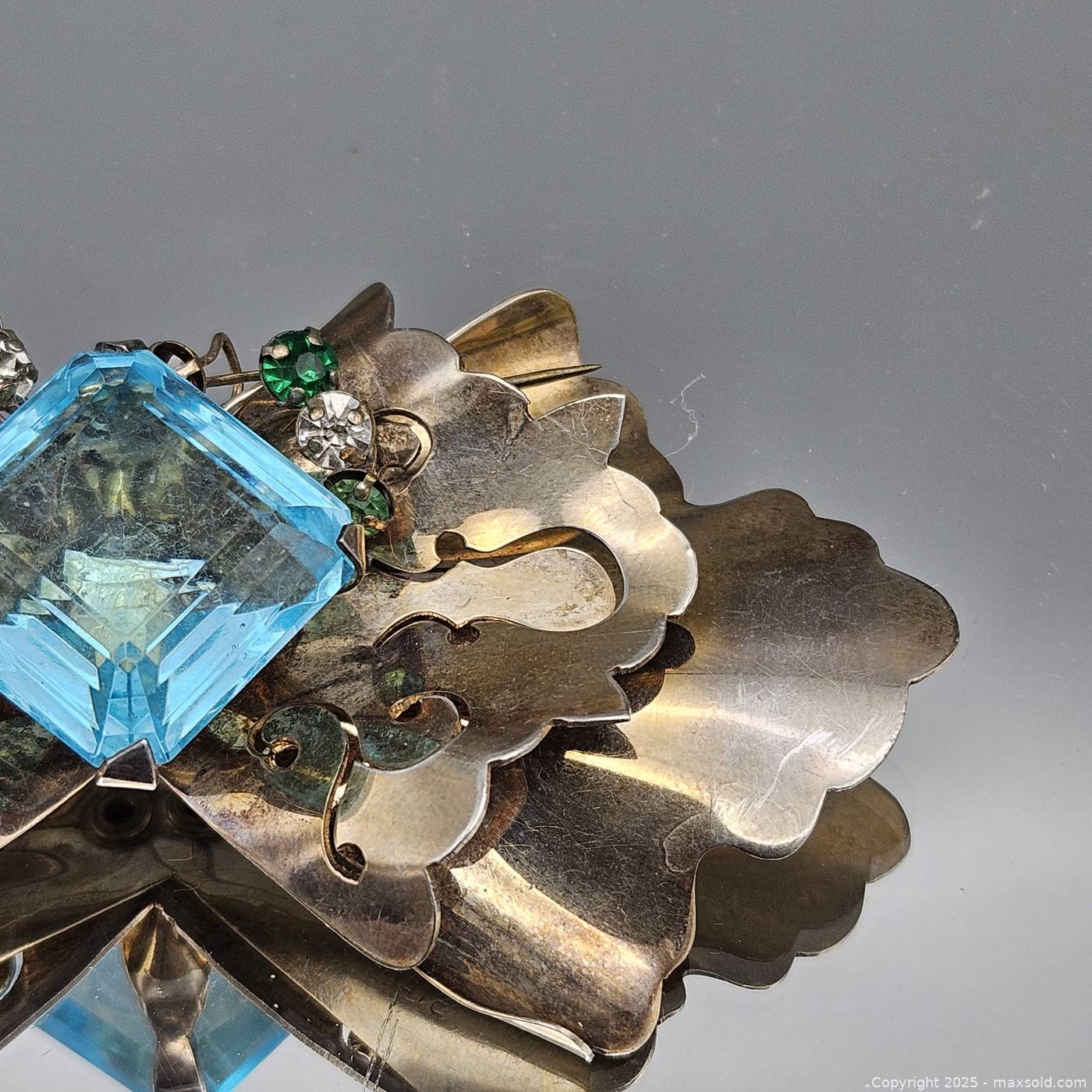 Vintage mid-century floral bow brooch, blue glass | Maxsold