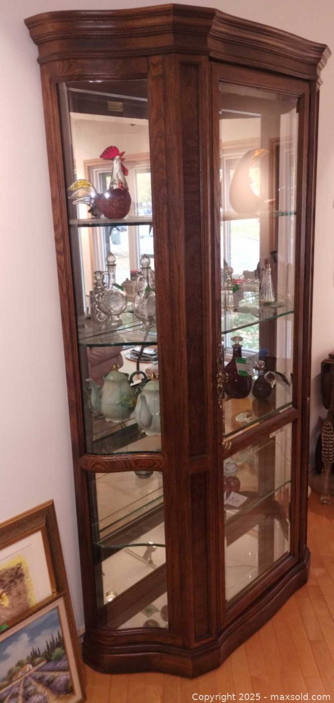 Oak-Tone Wood Curio Cabinet, Mirrored Back | Maxsold