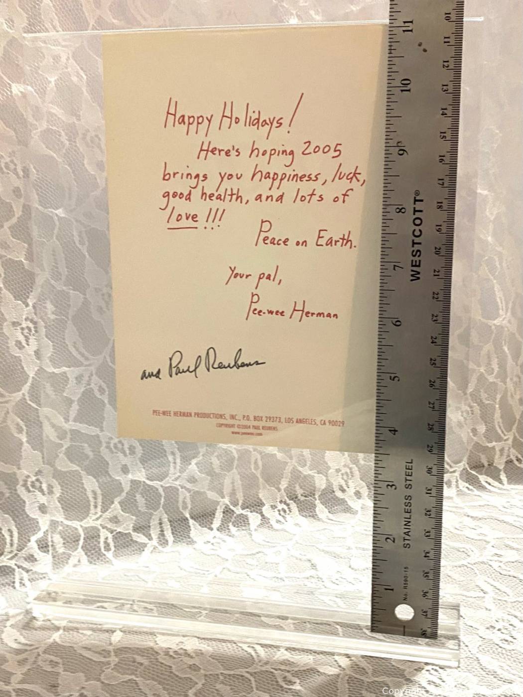 Signed Pee-wee Herman holiday card in acrylic stand | Maxsold