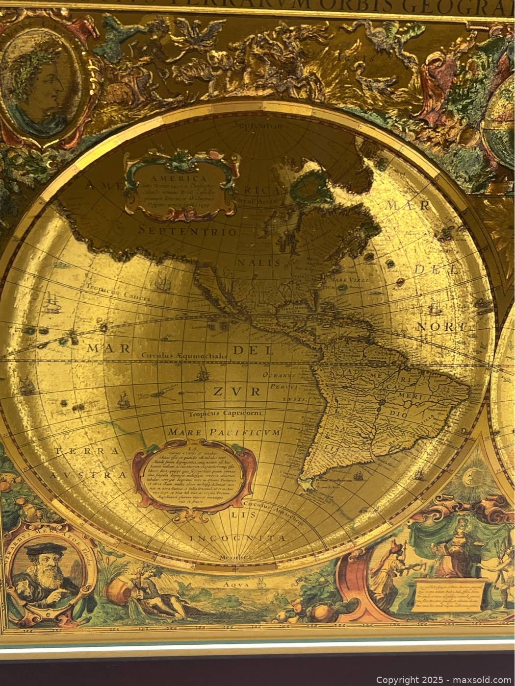 Framed metallic print of 1630 world map | Maxsold