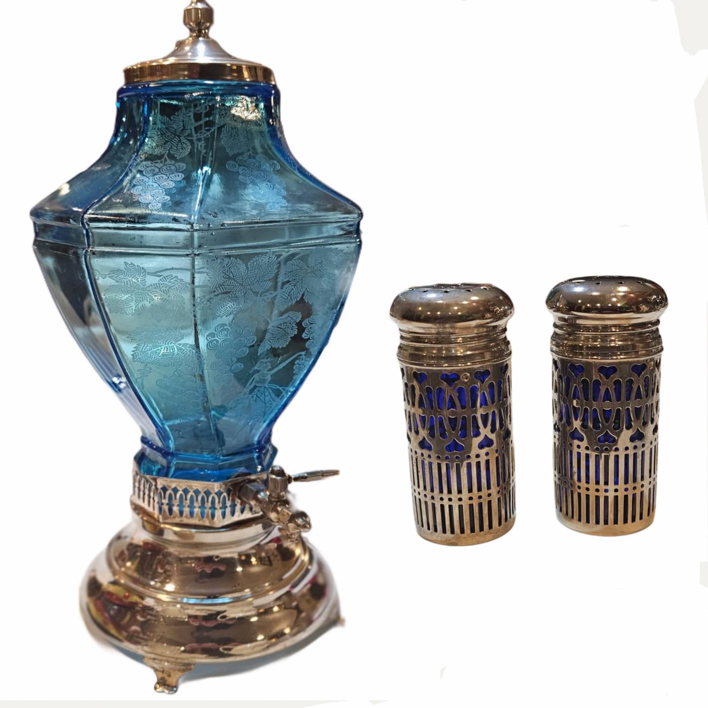 Blue etched glass samovar with shakers | Maxsold