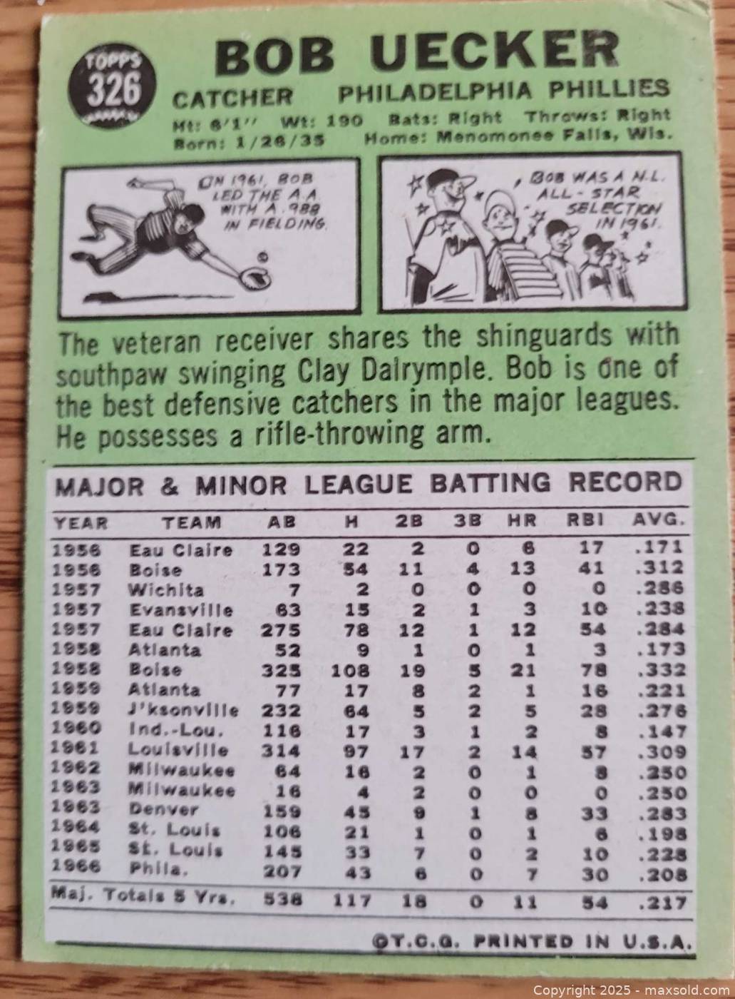 1967 Topps Bob Uecker #326 baseball card | Maxsold