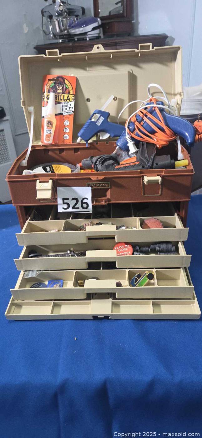 Plano chest, 4 glue guns, craft supplies | Maxsold
