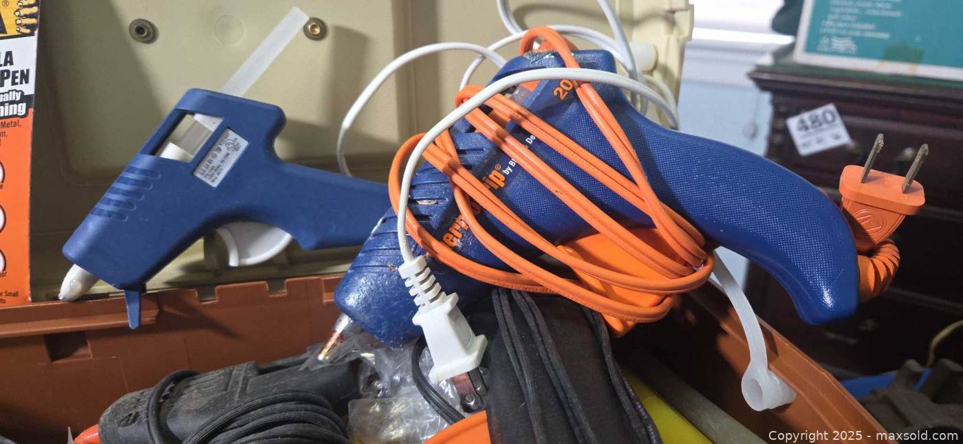 Plano chest, 4 glue guns, craft supplies | Maxsold