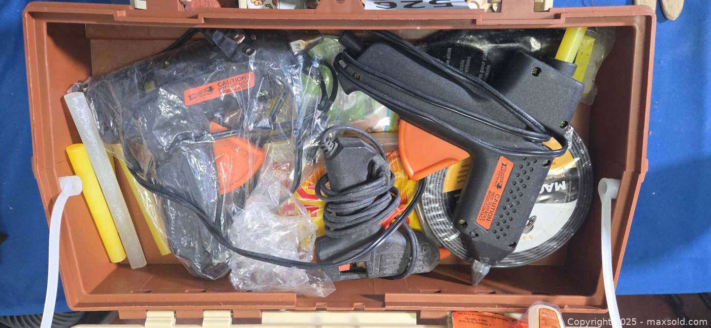 Plano chest, 4 glue guns, craft supplies | Maxsold