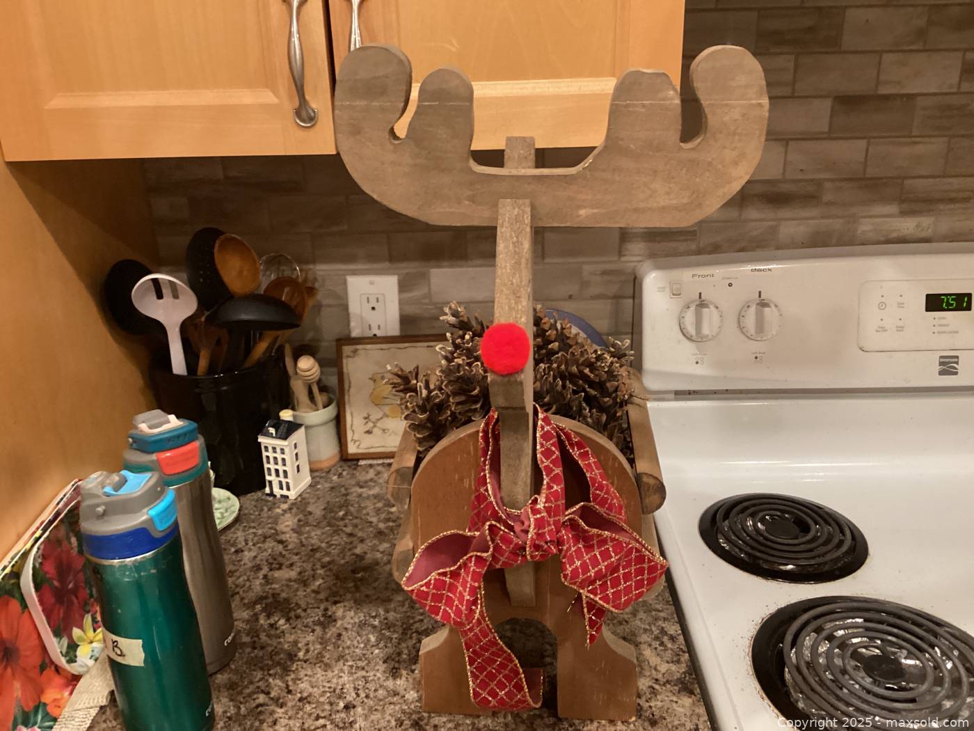 Wood Reindeer Decoration With Pine Cones | Maxsold