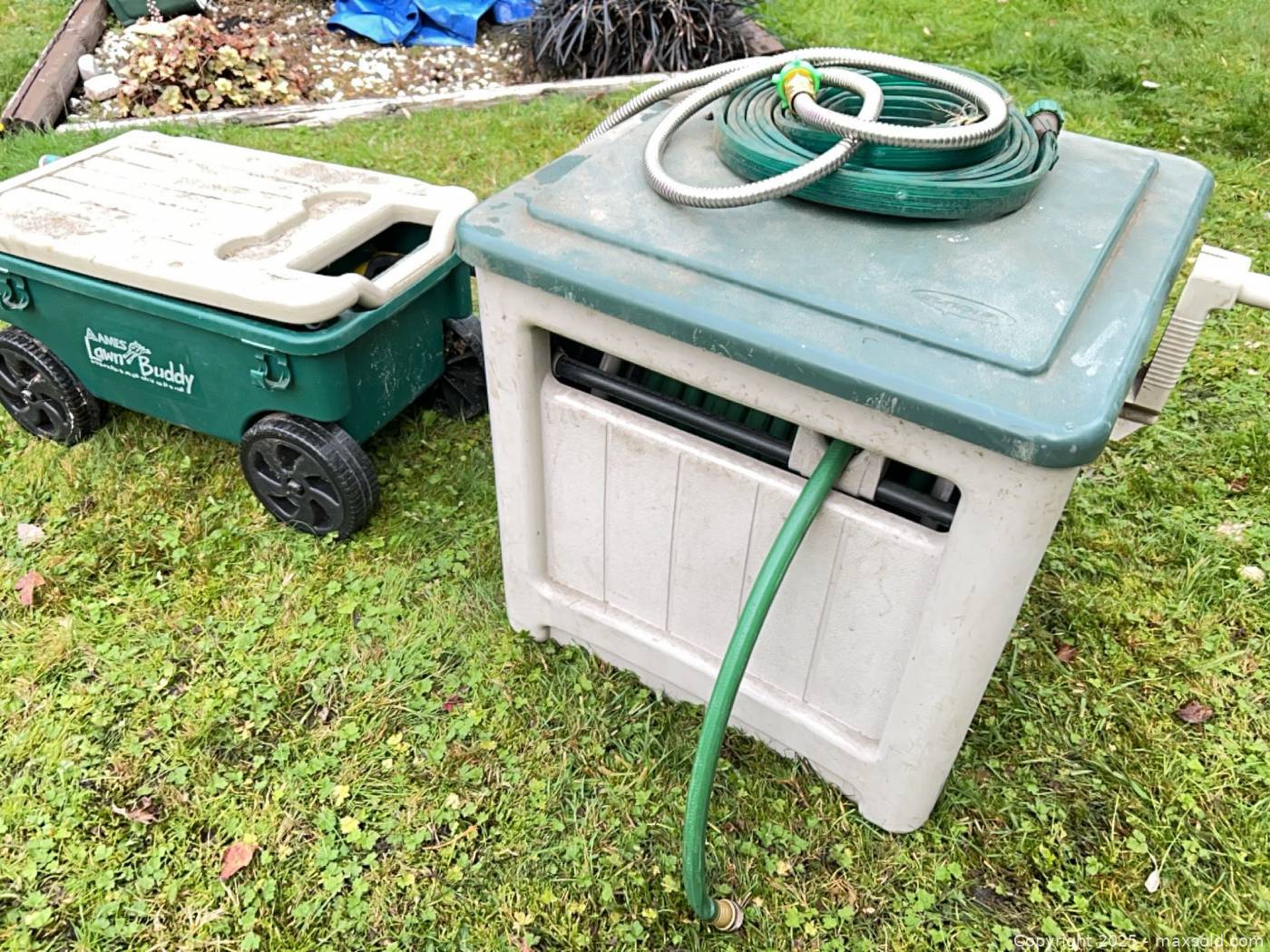 Ames Lawn Buddy garden cart, hose reel and hoses | Maxsold