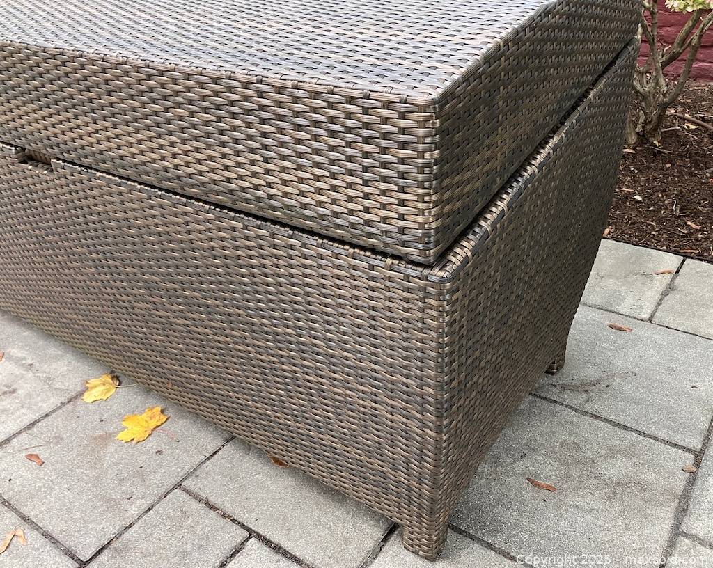 Frontgate all-weather resin wicker storage bin with cover | Maxsold