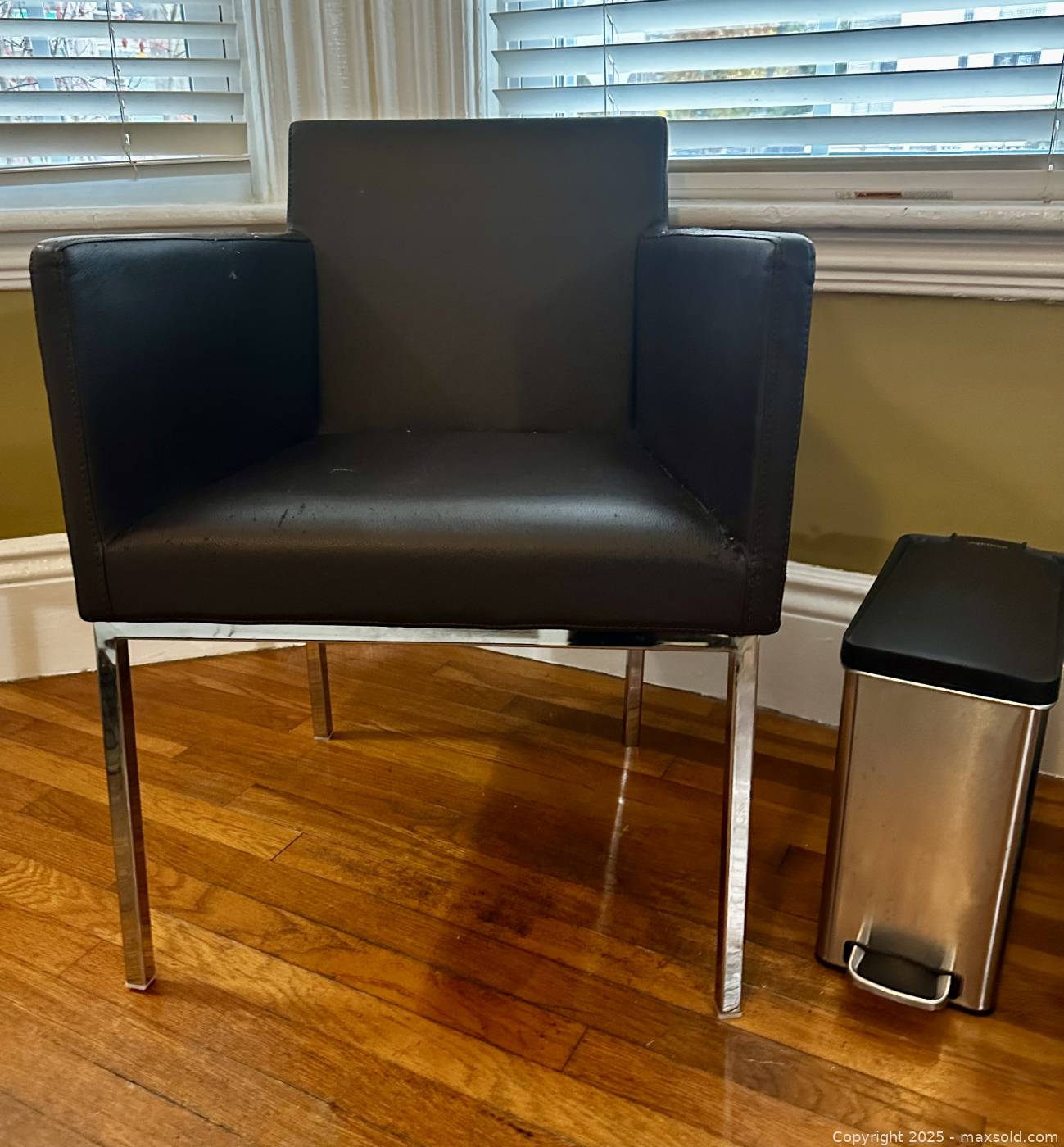 Soho Concept armchair, Simplehuman trash can, two gray vinyl woven ...