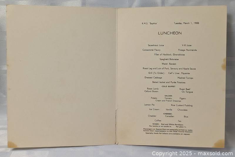 1955 Cunard Line luncheon menu | Maxsold