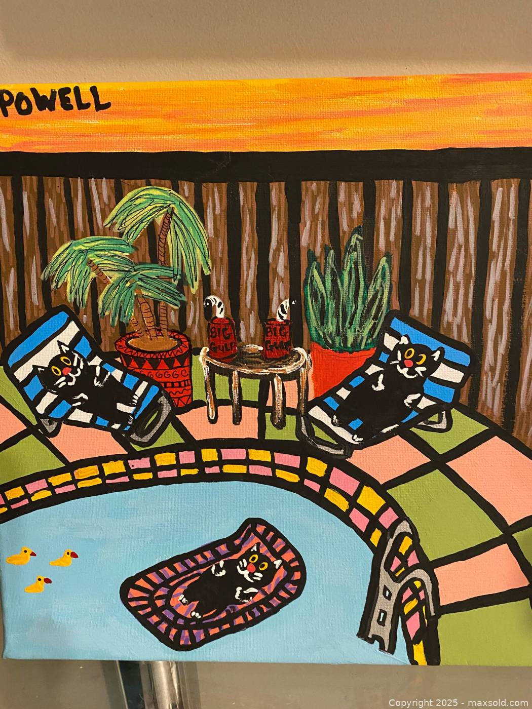Alexandra Powell 12x12 acrylic cat pool painting | Maxsold