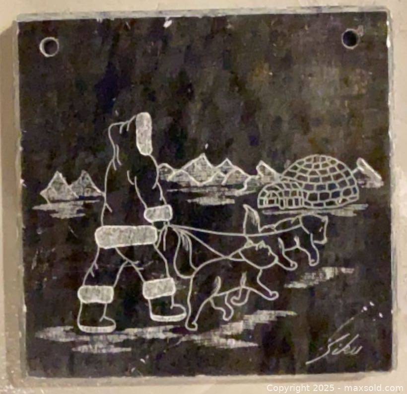 Vintage Inuit Soapstone Etched Plaque Signed Siku | Maxsold