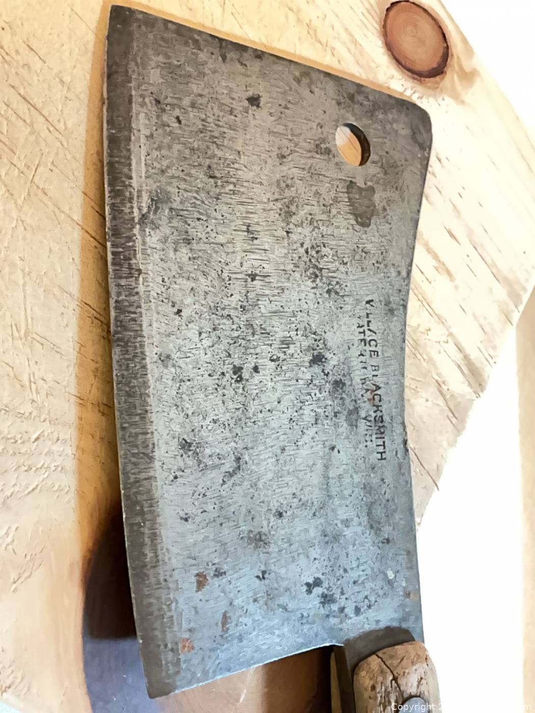 Five wooden cutting boards with Village Blacksmith cleaver and Copco ...