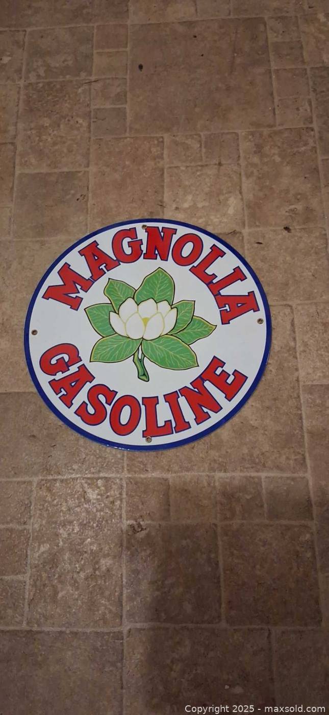 Magnolia Gasoline Round Metal Sign | Maxsold